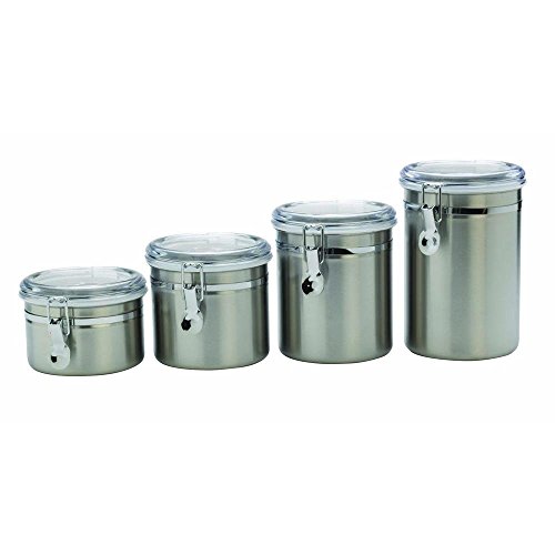 Anchor Hocking Round Stainless Steel Canister Set with Clear Acrylic Lid and Locking Clamp, 4-Piece Set - 24954