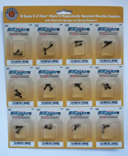 Bachmann Trains E - Z Mate Mark II Magnetic Knuckle Couplers with Metal Coil Spring - Long (12 Coupler pairs per card) - N Scale