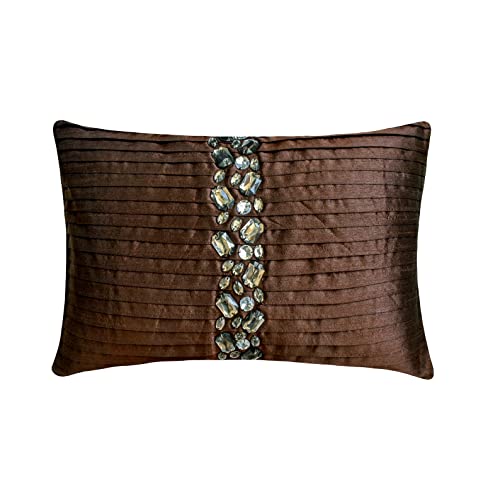 The HomeCentric Brown Lumbar Pillow Cover, Pintucks and Crystals Bling Pillows Cover, 12x14 inch (30x35 cm) Lumbar Pillow Cover, Rectangle Silk Striped Lumbar Pillow Cover Solid - Crystal Dreams