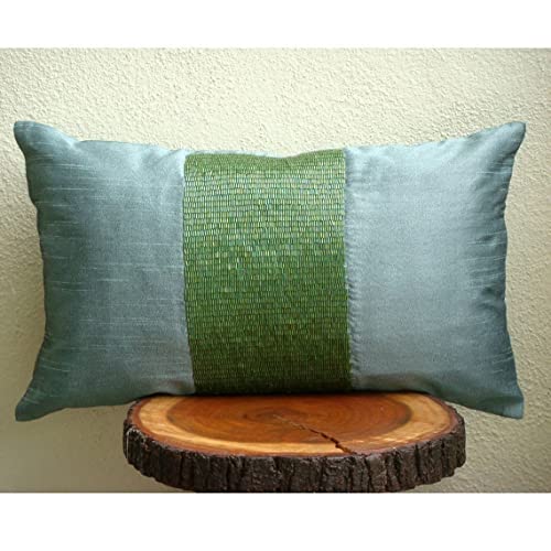 The HomeCentric Green Pillow Covers 12x20 inch (30x50 cm), Green Lumbar Pillow Cover, Metallic Beaded Centered Sparkly Lumbar Pillow Cover, Rectangle Silk Lumbar Pillow Cover Solid - Green Center