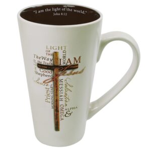 christian art gifts tall stoneware coffee/tea mug light of the world john 8:12 bible verse - names of jesus mug for men and women 16oz cream ceramic cup with large handle