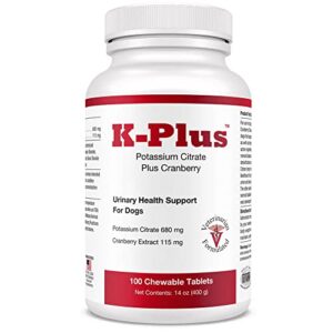 k-plus potassium citrate plus cranberry supplement for dogs - uti remedy chewable tablets - supports bladder health - for every dog breed (100 tabs)