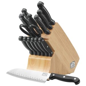 chicago cutlery essentials 15 piece stainless steel kitchen knife set with shears, paring, fruit, utility, santoku, bread, and steak knives, knife set for the kitchen with block