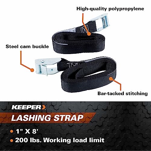 Keeper - 1" x 8' Cargo Lashing Strap, 2 Pack - 200 lbs. Working Load Limit And 600 lbs. Break Strength, Pack of 2