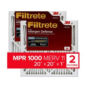 filtrete 20x20x1 air filter, mpr 1000, merv 11, micro allergen defense 3-month pleated 1-inch air filters, 2 filters