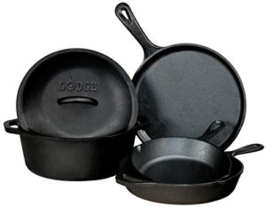 lodge seasoned cast iron 5 piece bundle. 10.5" griddle, 8" skillet, 10.25" skillet, 10.25" dutch oven, and 10.25" lid