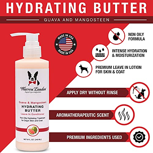 Warren London Hydrating Butter Leave In Pet Conditioner for Dogs | Lotion for Skin and Coat | Aloe Puppy & Dog Conditioner for Hair Detangler, Dry Skin, & Pet Fur Dandruff | Use After Dog Shampoo & Bathing | Made in USA | Guava 8oz