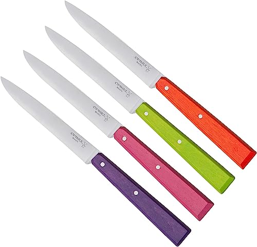 Opinel No. 125 Table Knives, 4 Piece Set, High Carbon Steel Dinner Knives for Parties, Entertaining, or Everyday Use, Painted Hornbeam Handles, Made in France (POP),ys/m,254225