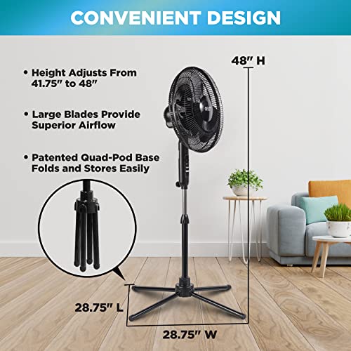 Comfort Zone CZST161BTEBK 16” Oscillating Pedestal Fan, 3-speed Options, 90-Degree Oscillating Head, Adjustable Height and Tilt, Powerful Air Flow, Black