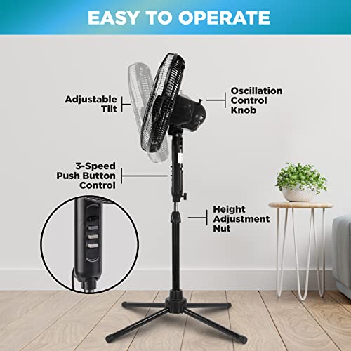 Comfort Zone CZST161BTEBK 16” Oscillating Pedestal Fan, 3-speed Options, 90-Degree Oscillating Head, Adjustable Height and Tilt, Powerful Air Flow, Black