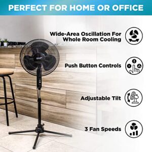 Comfort Zone CZST161BTEBK 16” Oscillating Pedestal Fan, 3-speed Options, 90-Degree Oscillating Head, Adjustable Height and Tilt, Powerful Air Flow, Black