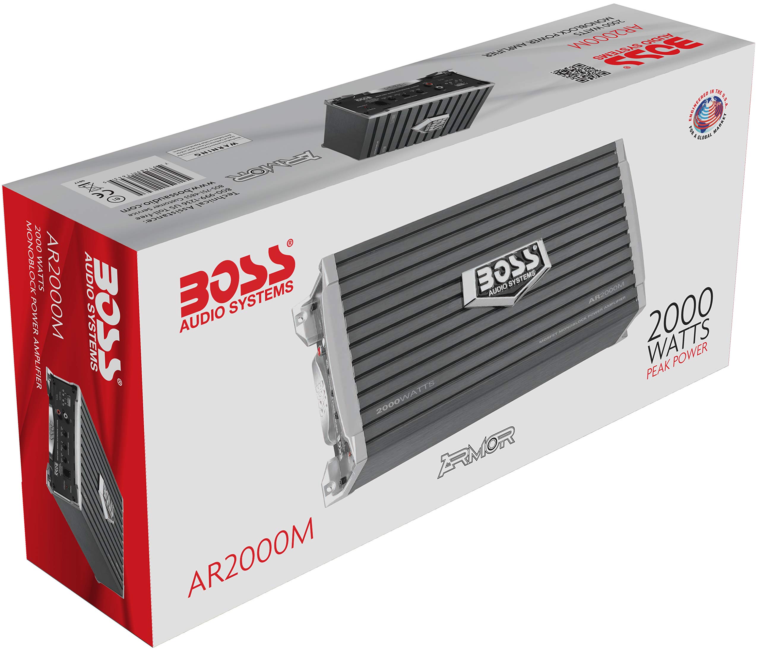 BOSS Audio Systems AR2000M Monoblock Car Amplifier - 2000 Watts, 2-4 Ohm Stable, Class A-B, Mosfet Power Supply, Gray