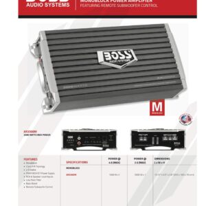 BOSS Audio Systems AR2000M Monoblock Car Amplifier - 2000 Watts, 2-4 Ohm Stable, Class A-B, Mosfet Power Supply, Gray