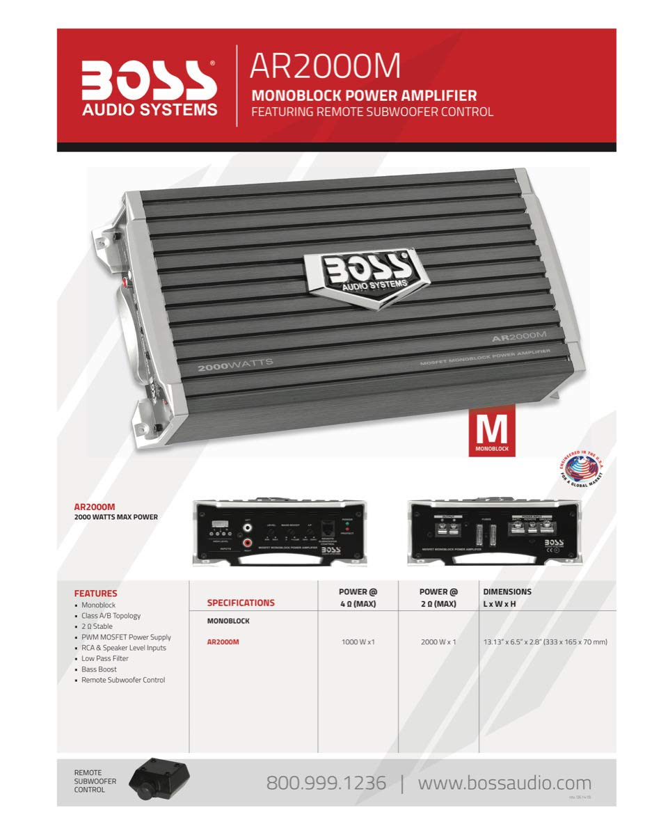 BOSS Audio Systems AR2000M Monoblock Car Amplifier - 2000 Watts, 2-4 Ohm Stable, Class A-B, Mosfet Power Supply, Gray