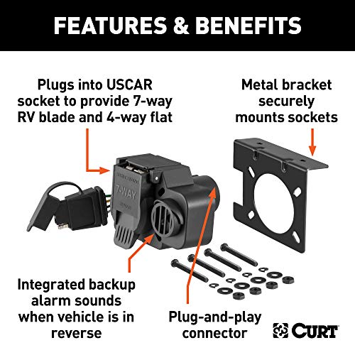 CURT 57101 Dual-Output Vehicle-Side 7-Pin, 4-Pin Connectors with Backup Alarm, Factory Tow Package and USCAR Socket Required, Black