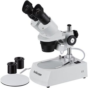 amscope se305r-pz forward binocular stereo microscope, wf10x and wf20x eyepieces, 10x-60x magnification, 1x and 3x objectives, upper and lower halogen light source, pillar stand, 120v , white