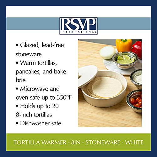 RSVP International Stoneware Tortilla Warmer & Server with Lid, Dishwasher, Microwave and Oven Safe, 8" Dia x 3", White