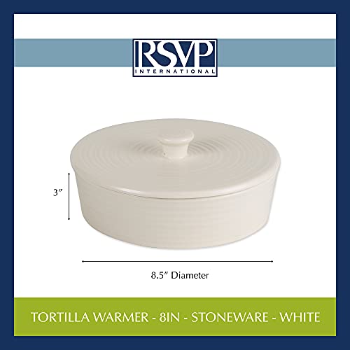 RSVP International Stoneware Tortilla Warmer & Server with Lid, Dishwasher, Microwave and Oven Safe, 8" Dia x 3", White