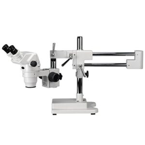 amscope zm-4b professional binocular stereo zoom microscope, ew10x eyepieces, 6.7x-45x magnification, 0.67x-4.5x zoom objective, ambient lighting, double-arm boom stand