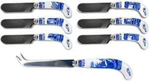 spode blue italian collection cheese knife and spreaders, set of 6, stainless steel, porcelain handle, 4.75-inches, jam spreader, butter, and pastry knife