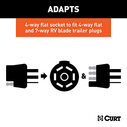 CURT 57102 Dual-Output 4-Way Flat Vehicle-Side to 7-Way RV Blade Trailer Wiring Adapter with Backup Alarm , black