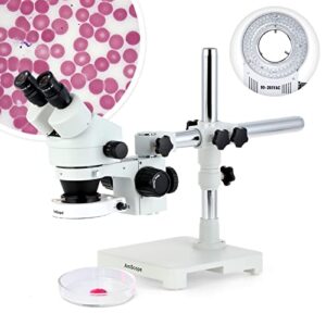 amscope sm-3bx-80s professional binocular stereo zoom microscope, wh10x eyepieces, 3.5x-45x magnification, 0.7x-4.5x zoom objective, 80-bulb led ring light, single-arm boom stand, 90v-265v, includes 0.5x barlow lens