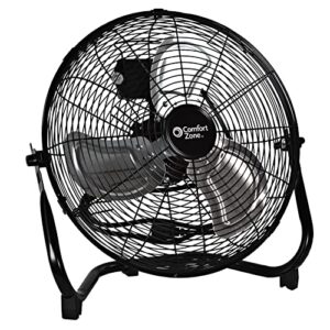 comfort zone czhv14b 14” high velocity 3-speed cradle mount floor fan with 180-degree adjustable tilt, all-metal construction, carry handle and rubber feet for stability, black