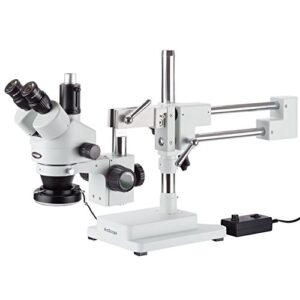 amscope sm-4tz-144 professional trinocular stereo zoom microscope, wh10x eyepieces, 3.5x-90x magnification, 0.7x-4.5x zoom objective, 144-bulb led ring light, double-arm boom stand, 110v-240v, includes 0.5x and 2.0x barlow lens