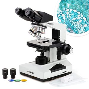 amscope b490b compound binocular microscope, wf10x and wf20x eyepieces, 40x-2000x magnification, brightfield, halogen illumination, abbe condenser, double-layer mechanical stage, sliding head, high-resolution optics, anti-mold , white