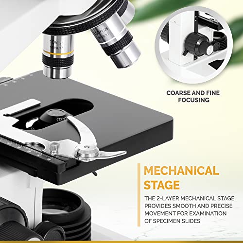 AmScope B490B Compound Binocular Microscope, WF10x and WF20x Eyepieces, 40X-2000X Magnification, Brightfield, Halogen Illumination, Abbe Condenser, Double-Layer Mechanical Stage, Sliding Head, High-Resolution Optics, Anti-Mold , White