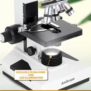 AmScope B490B Compound Binocular Microscope, WF10x and WF20x Eyepieces, 40X-2000X Magnification, Brightfield, Halogen Illumination, Abbe Condenser, Double-Layer Mechanical Stage, Sliding Head, High-Resolution Optics, Anti-Mold , White