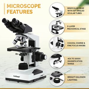 AmScope B490B Compound Binocular Microscope, WF10x and WF20x Eyepieces, 40X-2000X Magnification, Brightfield, Halogen Illumination, Abbe Condenser, Double-Layer Mechanical Stage, Sliding Head, High-Resolution Optics, Anti-Mold , White