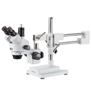 amscope sm-4t professional trinocular stereo zoom microscope, wh10x eyepieces, 7x-45x magnification, 0.7x-4.5x zoom objective, ambient lighting, double-arm boom stand