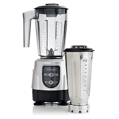 Omega BL390S Blender 1-HP Motor with Tritan Copolyester and Stainless Steel Container Combo Pack, 48-Ounce, Silver