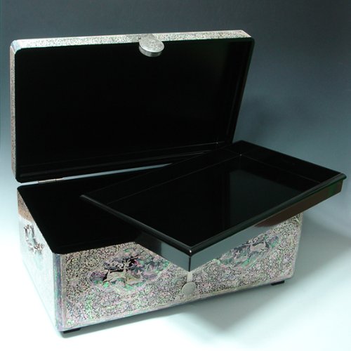 Mother of Pearl Inlay Decorative Long Life Symbols Design Lacquer Wooden Handcrafted Art Jewelry Wedding Trinket Keepsake Treasure Box Ring Case Chest Organizer