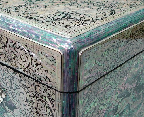 Mother of Pearl Inlay Decorative Long Life Symbols Design Lacquer Wooden Handcrafted Art Jewelry Wedding Trinket Keepsake Treasure Box Ring Case Chest Organizer