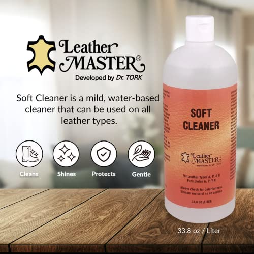 Leather Master Soft Leather Cleaner 33.8 oz/Liter - Soft Leather Cleaner for use of Leather Furniture, Car Interior, Apparel, Boots, Shoes, and Bags.