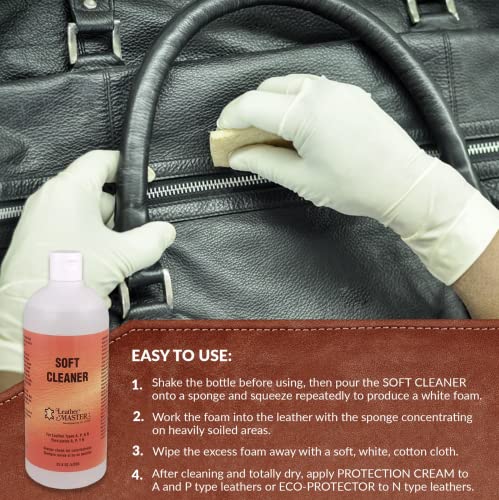 Leather Master Soft Leather Cleaner 33.8 oz/Liter - Soft Leather Cleaner for use of Leather Furniture, Car Interior, Apparel, Boots, Shoes, and Bags.