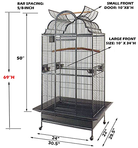 Large Elegant Wrought Iron Open Dome Play Top Bird Parrot Cage, Include Large Front Door and Small Pull Down Door, Metal Seed Guard, Solid Metal Feeders, Breeding Doors