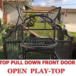 Large Elegant Wrought Iron Open Dome Play Top Bird Parrot Cage, Include Large Front Door and Small Pull Down Door, Metal Seed Guard, Solid Metal Feeders, Breeding Doors