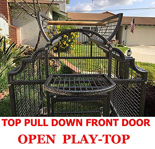 Large Elegant Wrought Iron Open Dome Play Top Bird Parrot Cage, Include Large Front Door and Small Pull Down Door, Metal Seed Guard, Solid Metal Feeders, Breeding Doors