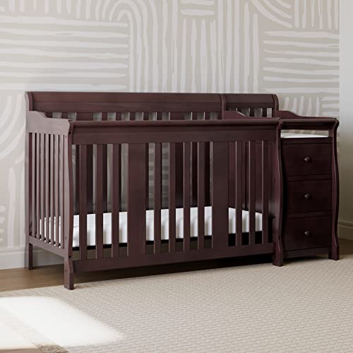 Storkcraft Portofino 5-in-1 Convertible Crib and Changer (Espresso) – Crib and Changing Table Combo with 3 Drawers, Includes Baby Changing Pad, Converts to Full-Size Bed