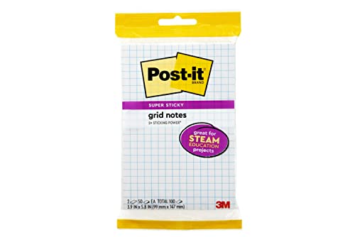 Post-it Super Sticky Notes, 4 in x 6 in, 2 Pads, 2x the Sticking Power, White with Blue Grid Lines, Recyclable (4621-2SSGRID)