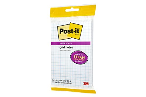 Post-it Super Sticky Notes, 4 in x 6 in, 2 Pads, 2x the Sticking Power, White with Blue Grid Lines, Recyclable (4621-2SSGRID)