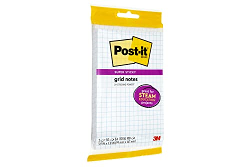 Post-it Super Sticky Notes, 4 in x 6 in, 2 Pads, 2x the Sticking Power, White with Blue Grid Lines, Recyclable (4621-2SSGRID)