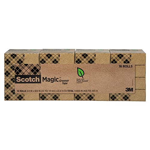 Scotch Magic Greener Tape, 16 Rolls, Numerous Applications, Invisible, Engineered for Repairing, 3/4 x 900 Inches, Boxed (812-16P)