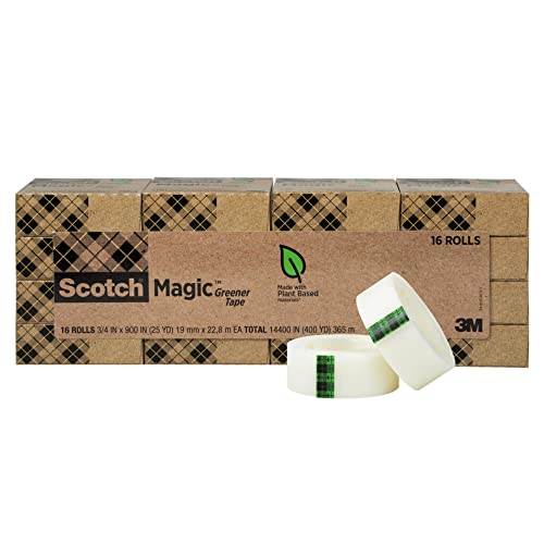 Scotch Magic Greener Tape, 16 Rolls, Numerous Applications, Invisible, Engineered for Repairing, 3/4 x 900 Inches, Boxed (812-16P)