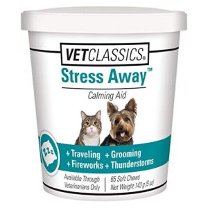 vet classics stress away calming, anxiety aid for dogs and cats – soft chew pet health supplement for dogs, and cats - melatonin, ginger – 65 soft chews