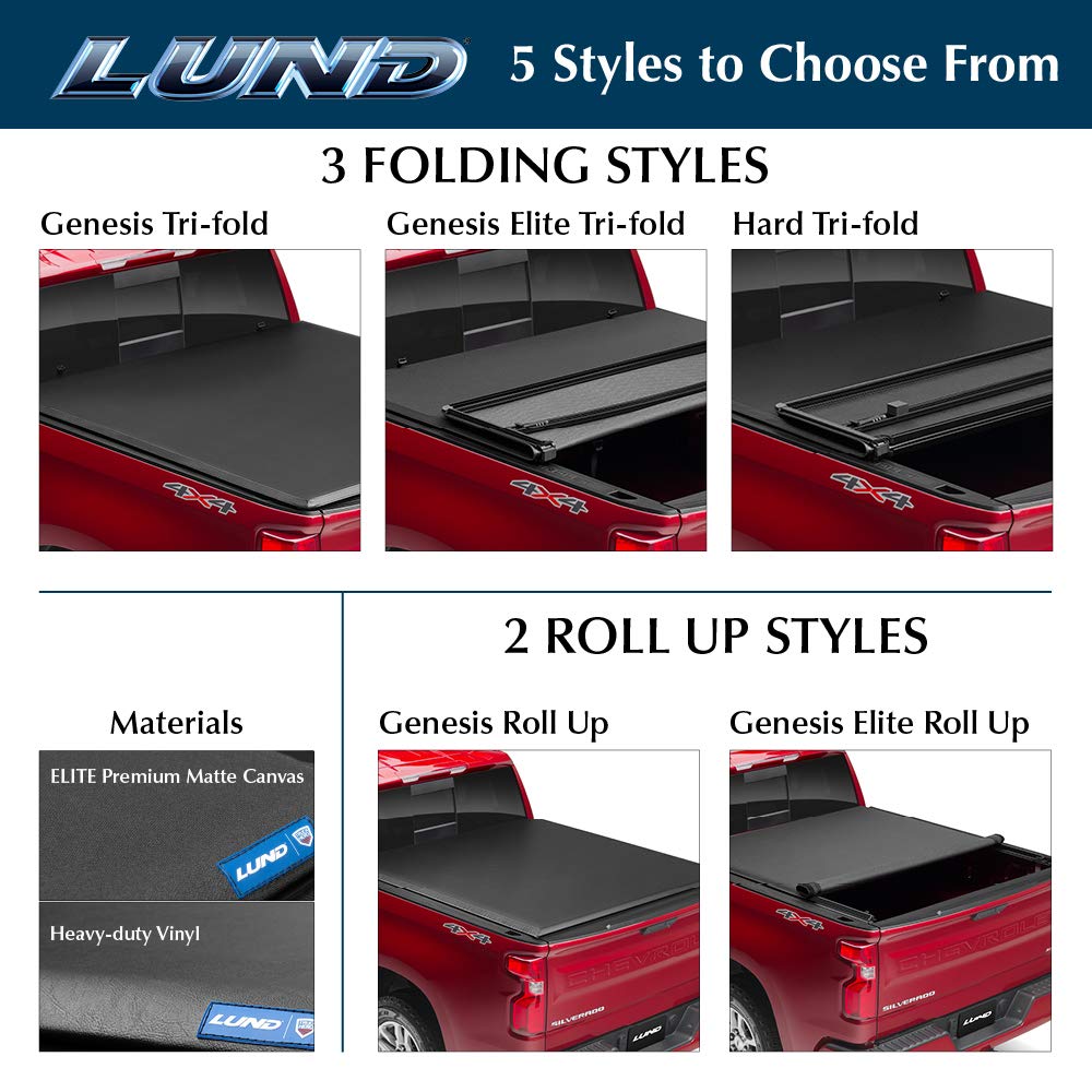 Lund Genesis Elite Tri-Fold Soft Folding Truck Bed Tonneau Cover | 958120 | Fits 2014 - 2021 Toyota Tundra w/track system 5' 7" Bed (66.7")