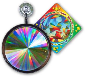 rainbow symphony- rainbow prism suncatcher for window, axicon pattern, with bonus board sun catcher, made in usa